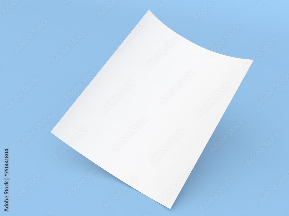 Sheet curved of white paper A4 for office on a blue background. 3d ...