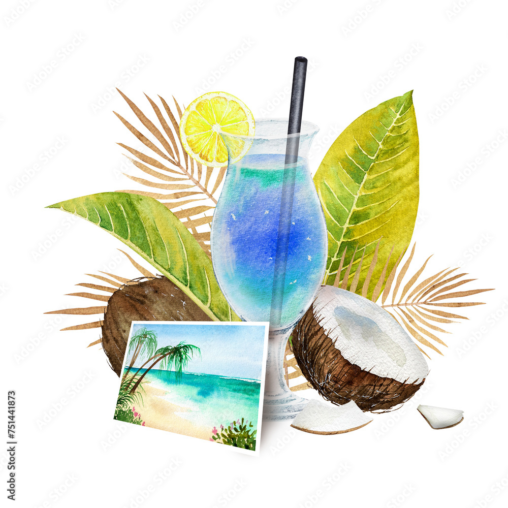 Watercolor illustration of a cocktail. With coconut, green palm leaves ...