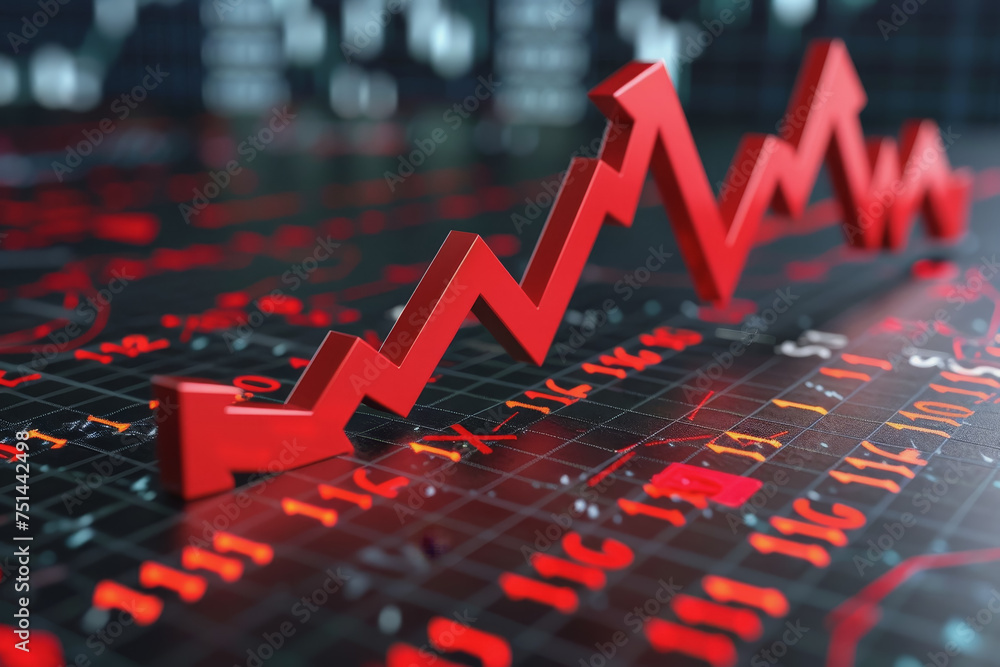 Financial crisis down 3d red arrow economy business graph on money ...
