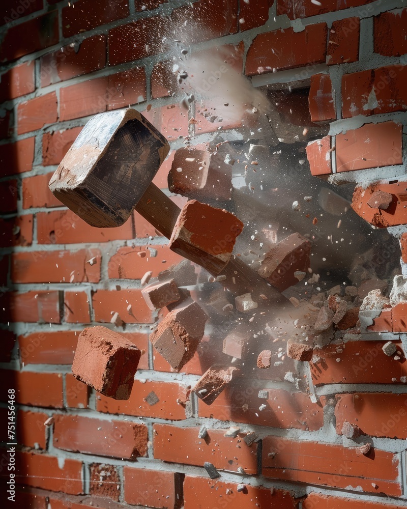 A close in view of a red brick wall is hit by a large sledgehammer ...