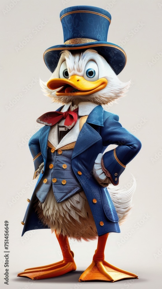 Scrooge McDuck - cartoon character, in a blue suit, top hat, smile --ar ...