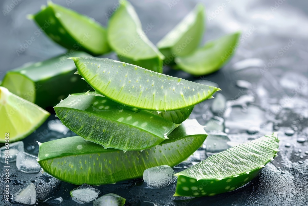 Aloe Vera Slices. Freshly cut pieces of aloe vera plant, known for its ...