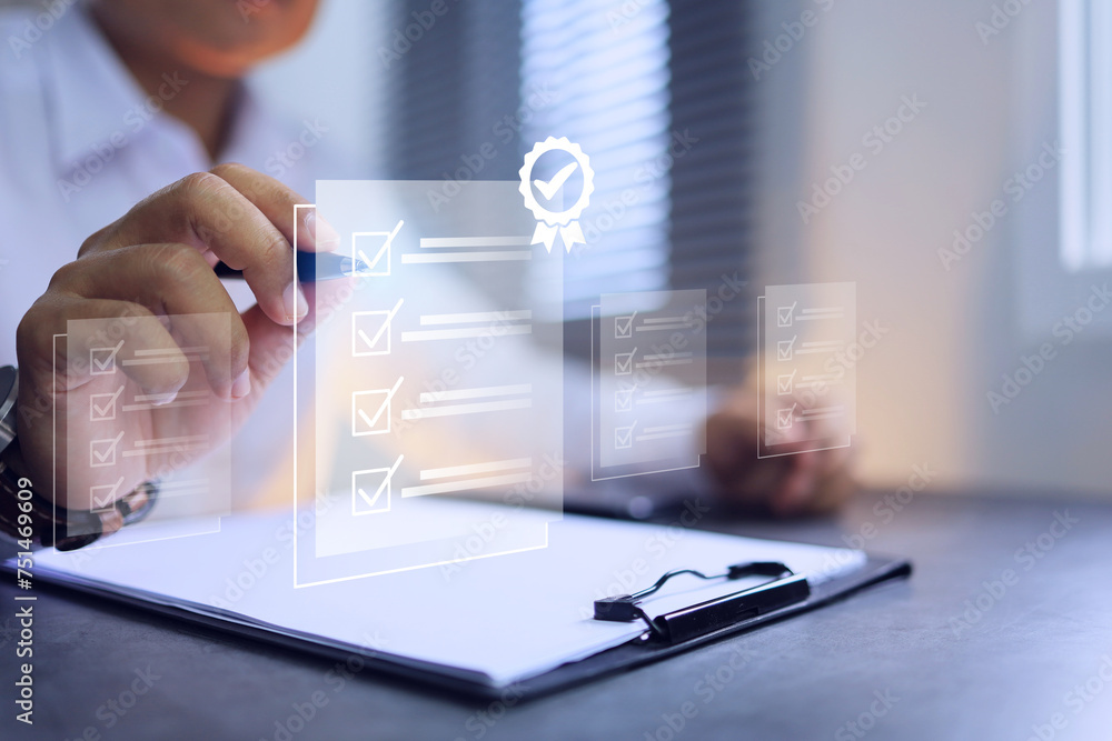 An auditor tick correct checkmark on virtual clipboard to check or ...