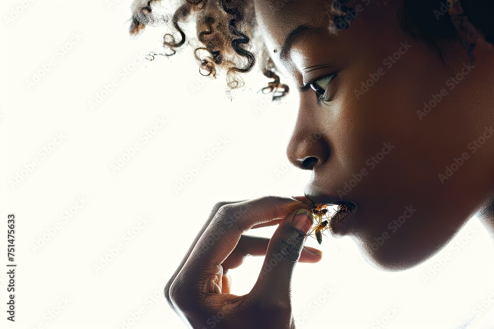 Man Eating Insects, Person Profile Brings Insects to Mouth, Fried ...