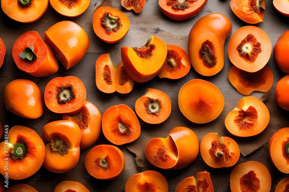 The intriguing pattern and vibrant orange color of a sliced persimmon ...
