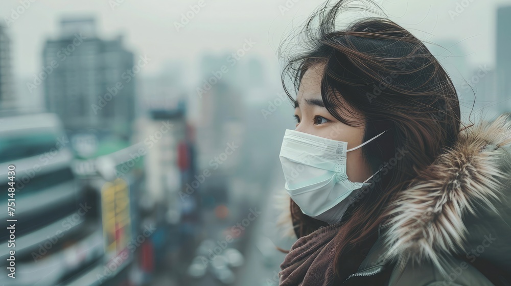 Asian Women wearing Protection Mask feels headaches and cough due to ...