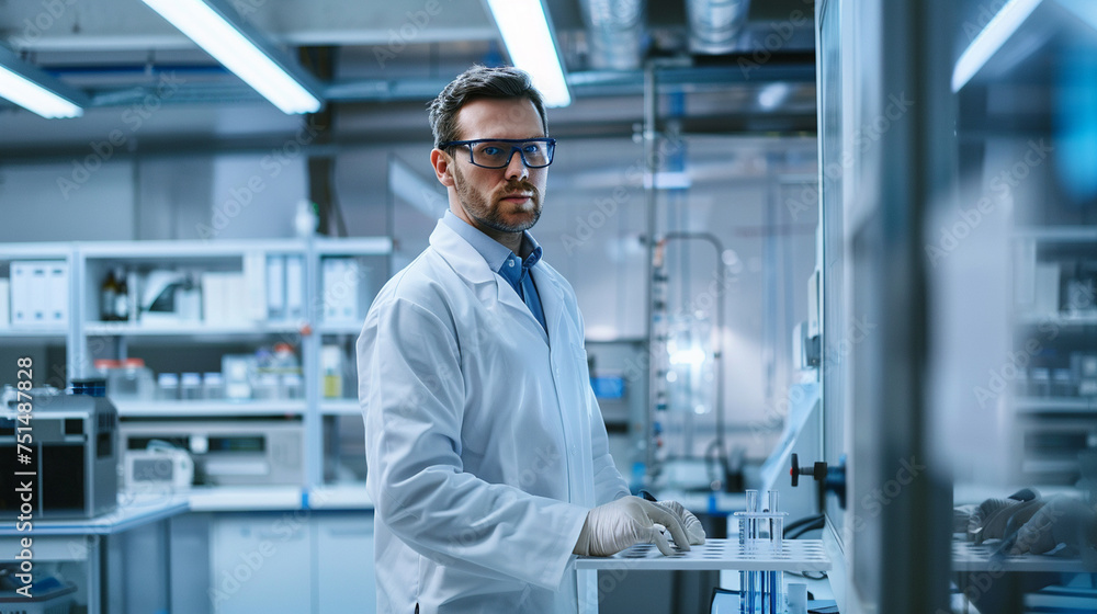 A scientist in a lab coat analyzing environmental data collected from a ...
