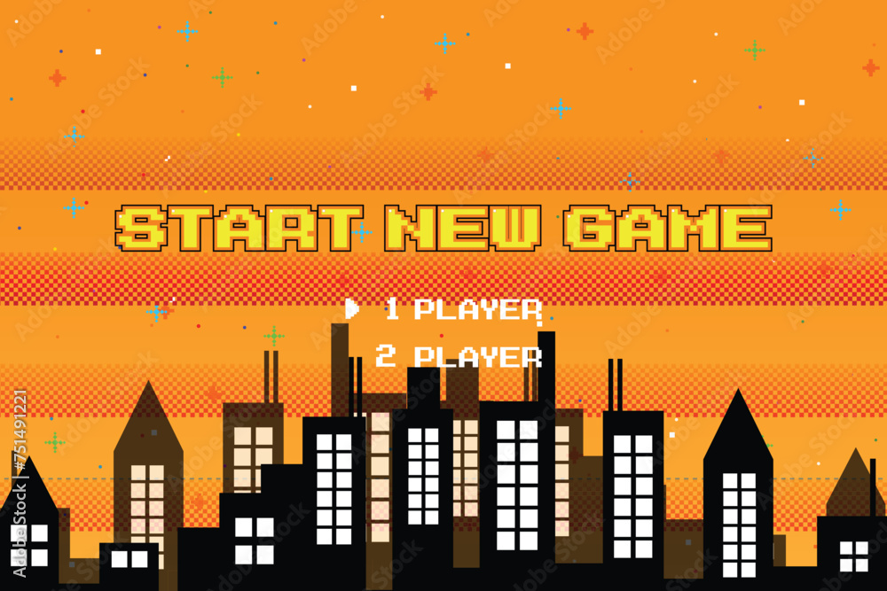 START NEW GAME with starry sky on city background. pixel art .8 bit ...