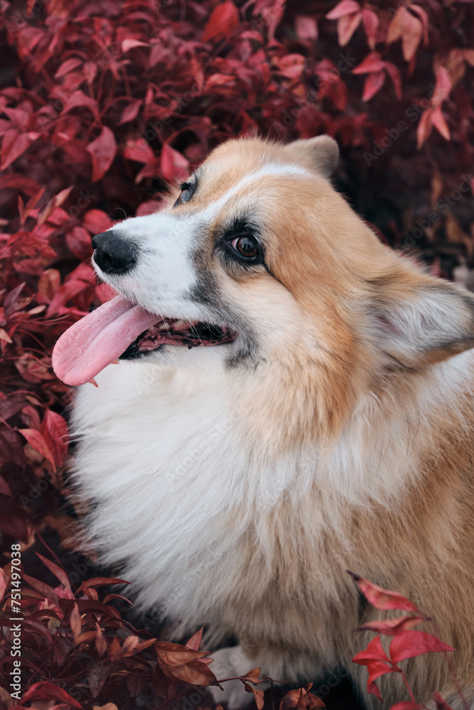Charming red fluffy Welsh corgi Pembroke is like a fox. A purebred ...