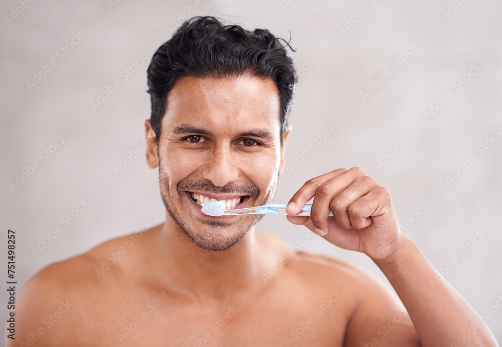 Oral hygiene, portrait and man in bathroom for brushing teeth, self care and morning routine ...