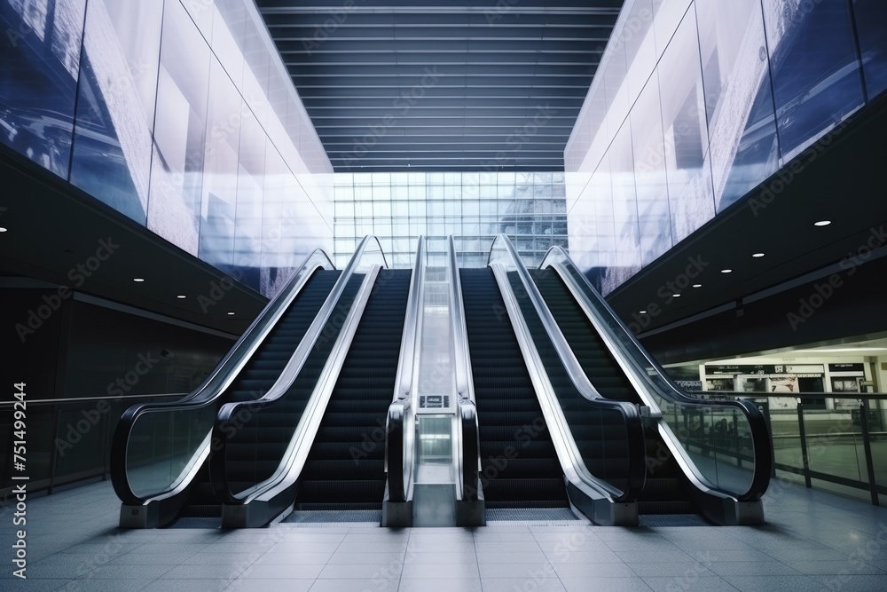 Symmetrical view of escalators within a sleek, modern architecture setting. Modern Escalators in ...