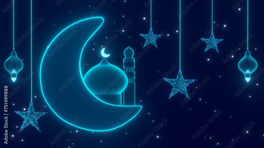 Islamic background with crescent moon, mosque, hanging neon stars and ...