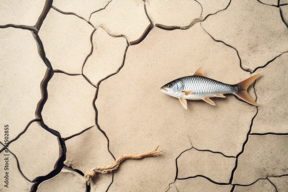 A fish lying on cracked dry earth, symbolizing environmental ...
