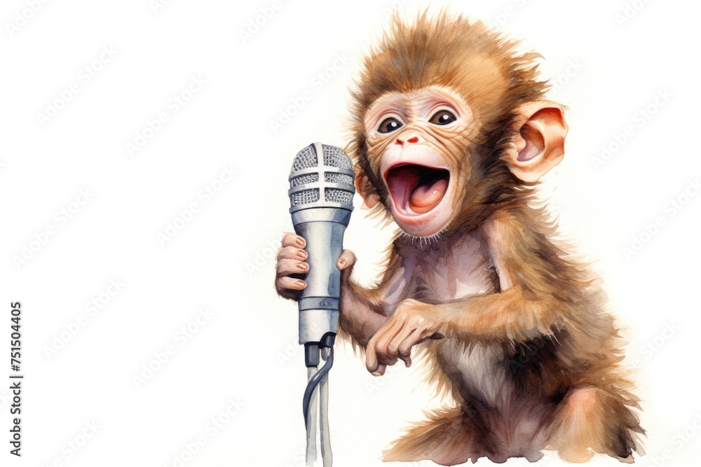 cartoon watercolor monkey with microphone on white background Stock ...