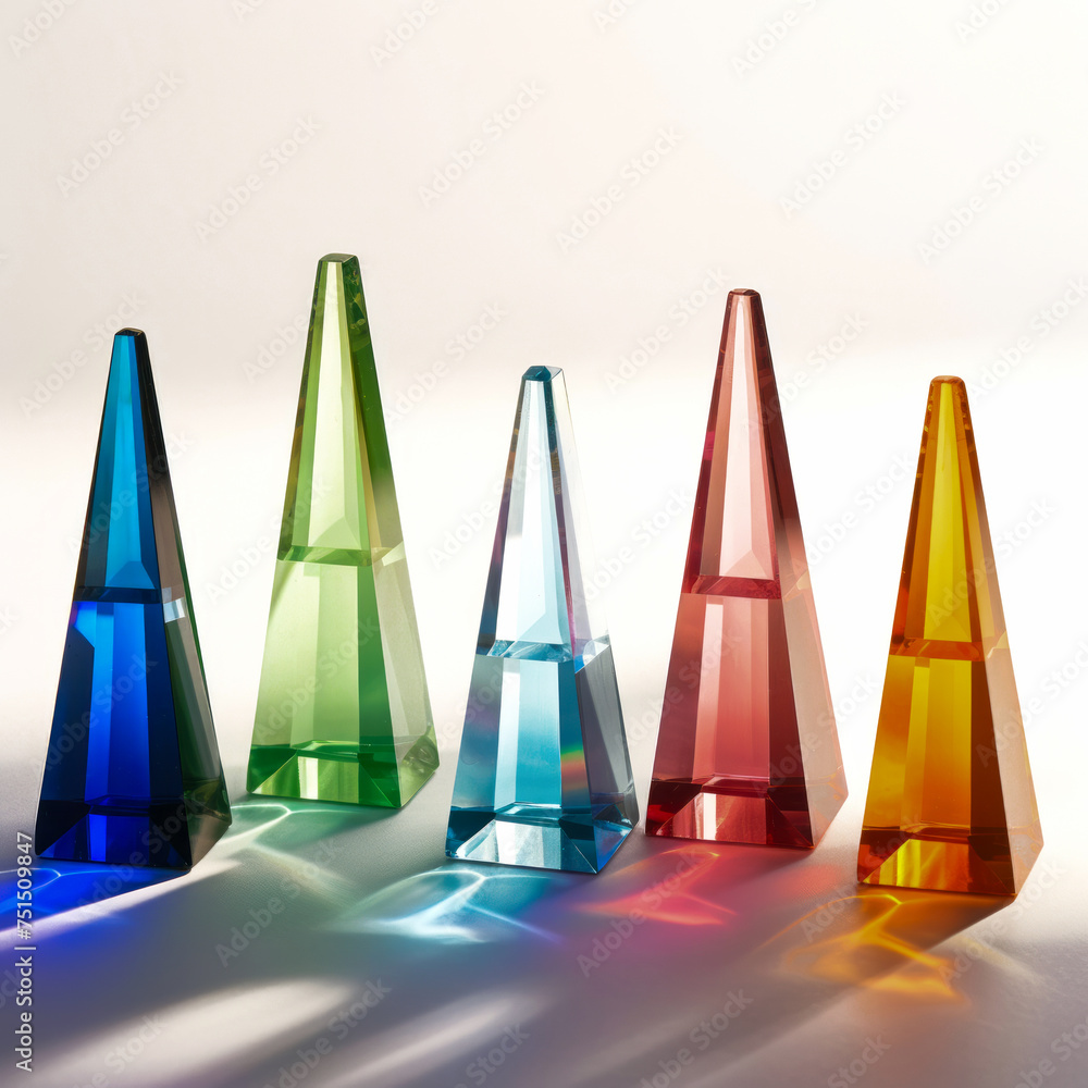 Crystal prisms casting colorful spectra and sharp shadows on white ...