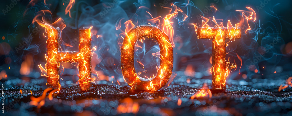 Blazing letters spelling HOT with fiery flames on a scorched surface ...