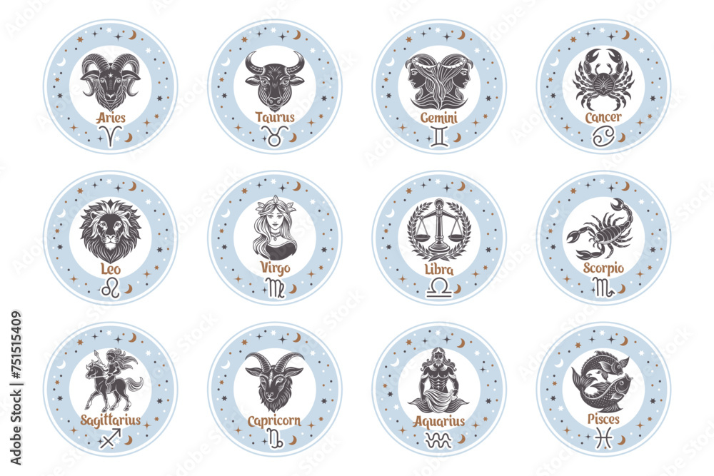 Astrology zodiac signs set, mystical round icons. Esoteric symbols for ...