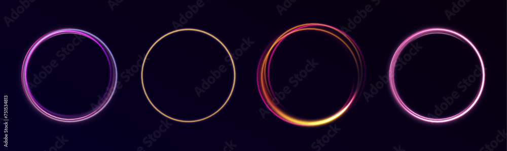 Gradient neon circle frames set. Fire light circles trails of sparkling ...