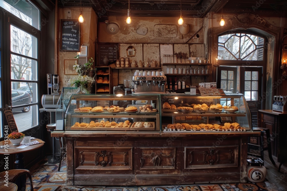 Artisanal bakery counter with sunlight illuminating the selection of ...