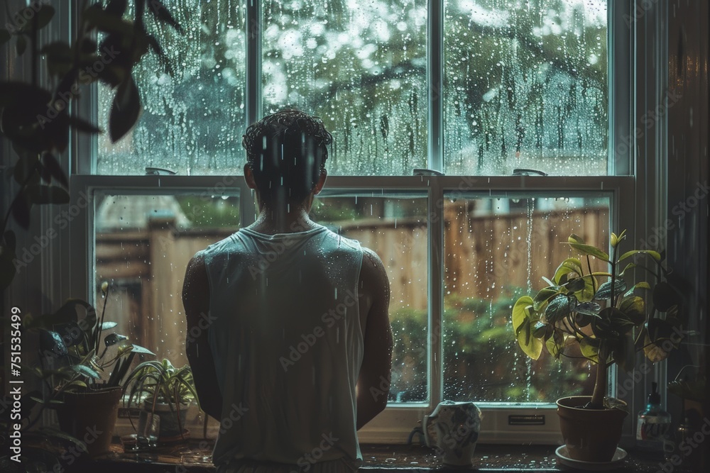Back turned, young adult gazes out rain-streaked window, pensive mood ...