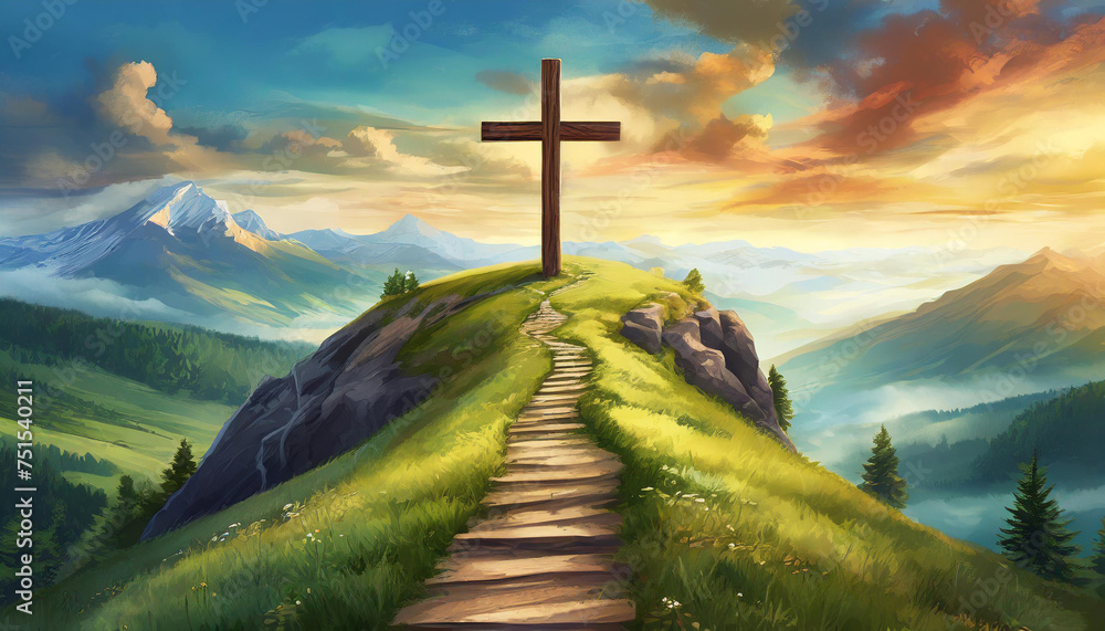 Big wooden cross standing on hiking trail summit on top of mountain ...