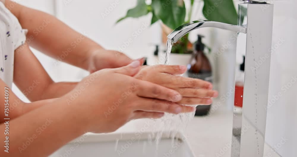 Water, health and child with parent for handwashing, help and learning ...