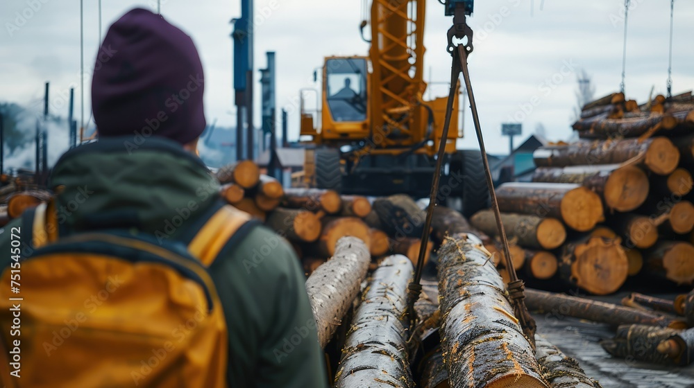Man guiding a crane lifting logs at a sawmill. Generative AI. Stock ...
