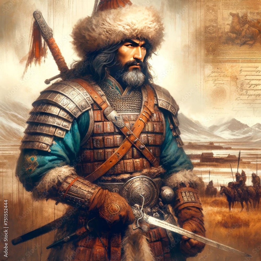 Warrior King in Traditional Mongolian Armor with a Steely Gaze on ...