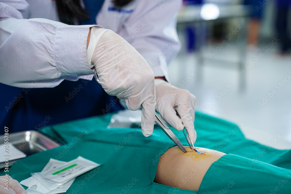 Nursing Students Practicing Surgical Suturing. A group of nursing ...