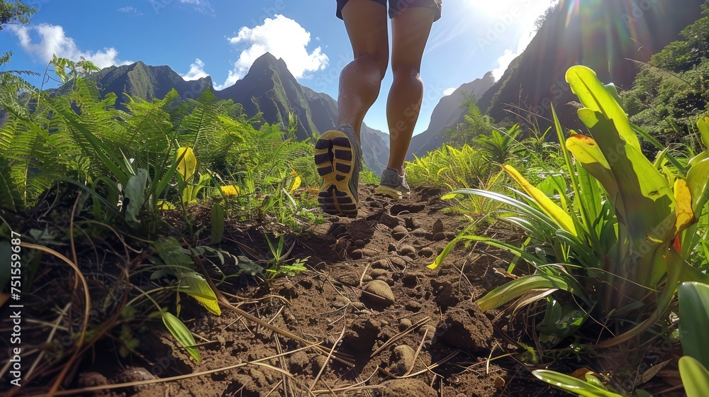 Trail runners on a rugged mountain, a close - up of a person's legs ...
