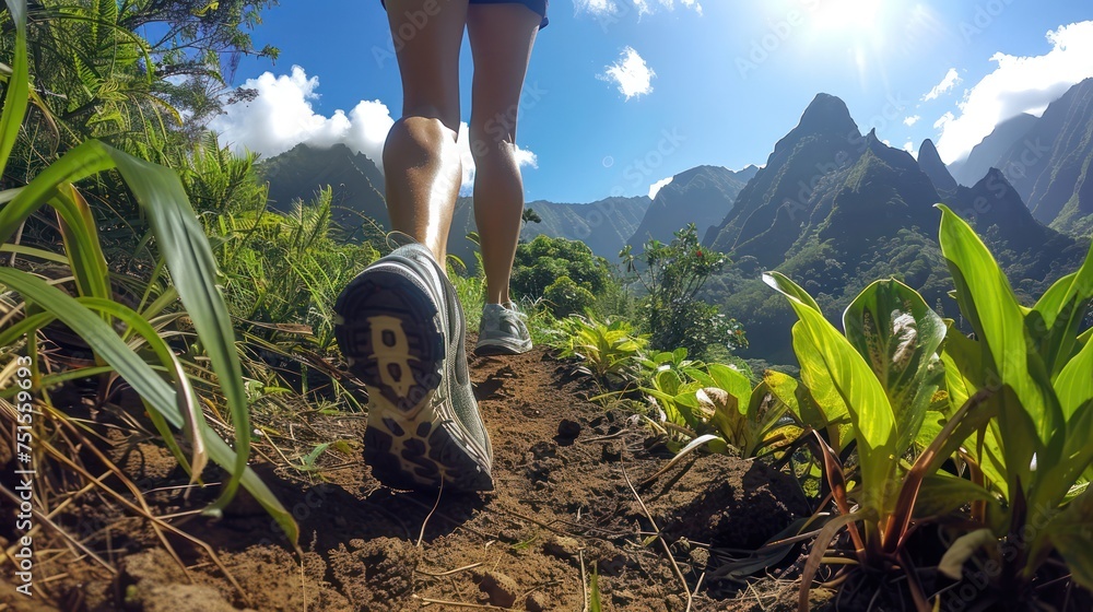 Trail runners on a rugged mountain, a close - up of a person's legs ...