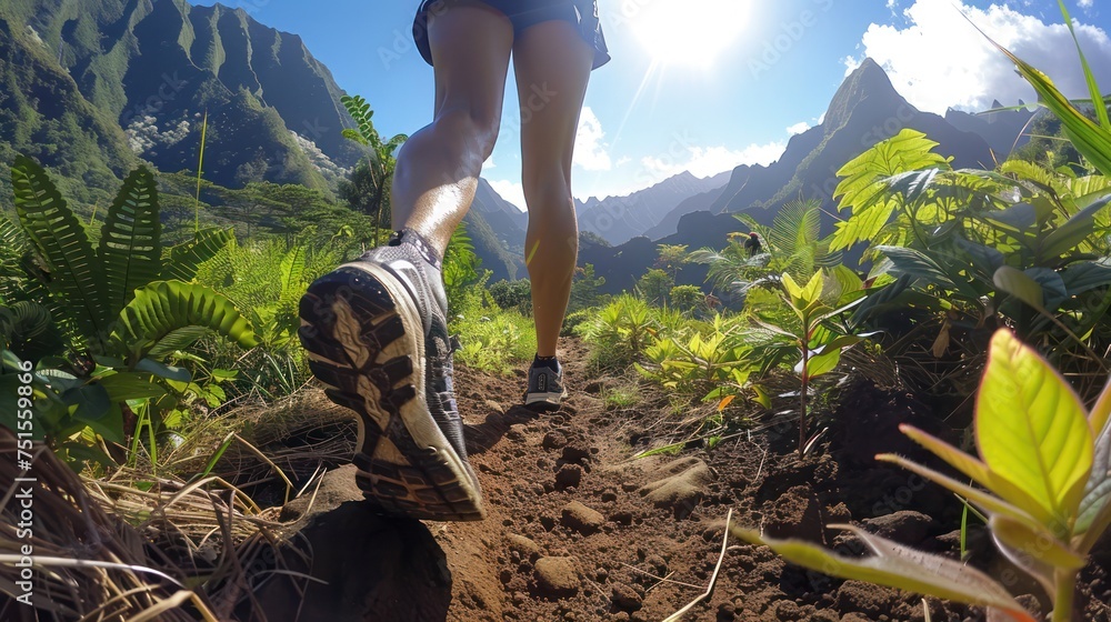 Trail runners on a rugged mountain, a close - up of a person's legs, detail of the shoe hitting ...