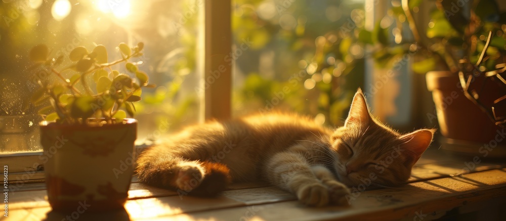 Peaceful cat sleeping comfortably by the window, enjoying a restful nap ...