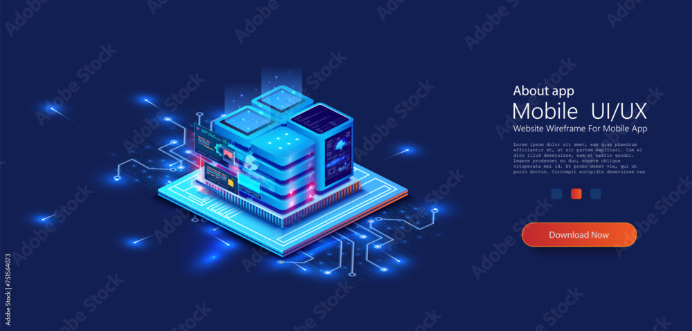 Futuristic isometric of data center with server racks and glowing network connections. Concept ...