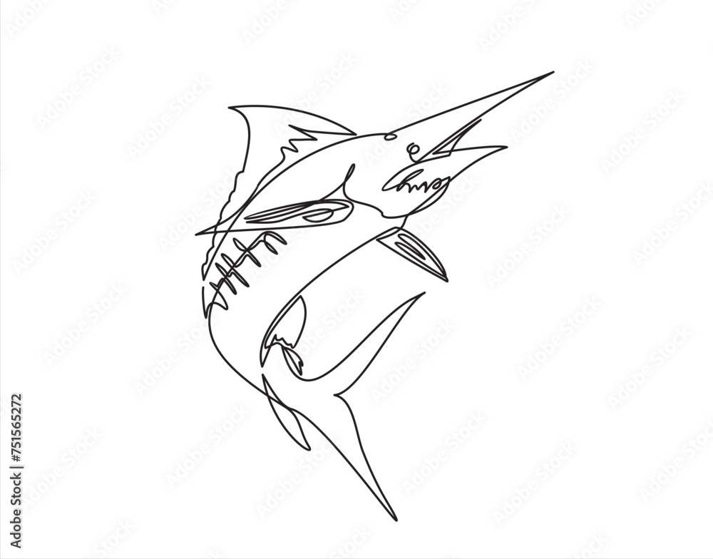 Single continuous line drawing marlin fish logo. Unique and fresh blue ...