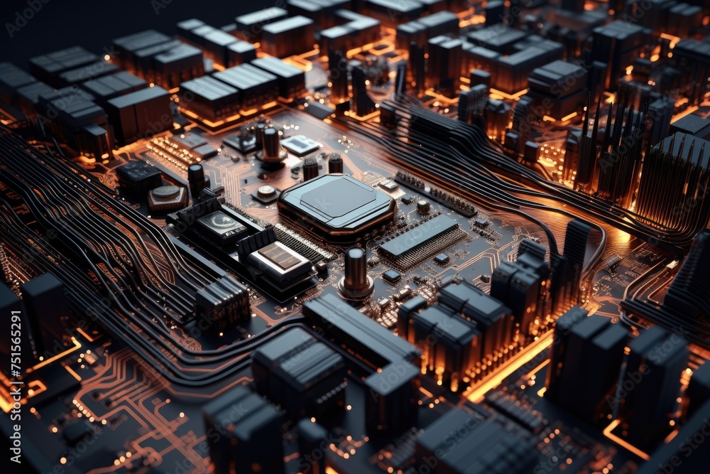 Motherboard design as digital circuit city, Photo closeup photo of a ...