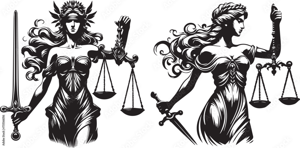 Themis, goddess of justice, balancing scales and sword in hand, symbol ...