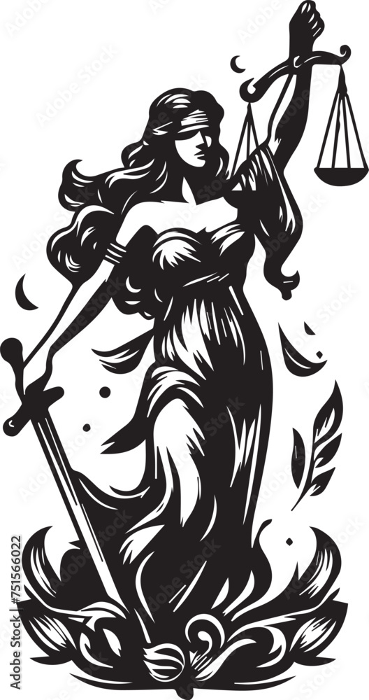 Themis, goddess of justice, balancing scales and sword in hand, symbol ...