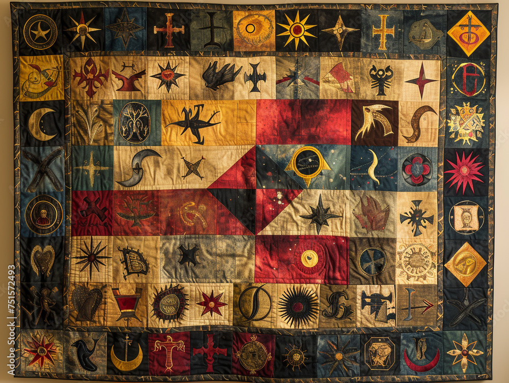 A quilt depicting the clash between sacred and unholy symbols, a fabric ...