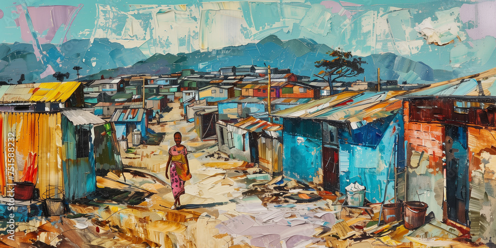 Colourful South African art with township village culture depicting ...