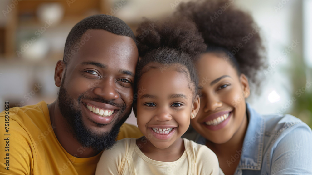 Happy family portrait with smiling parents and child in a cozy home ...