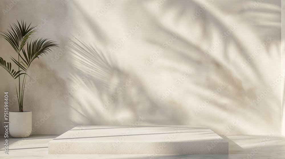 Simple plaster wall background with a product placement palm shadow ...