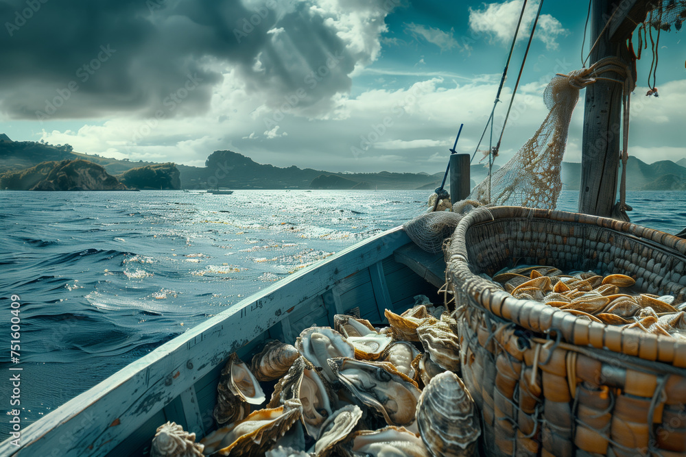 Fishermen's ship with a seafood catch of shrimp and oysters on board ...