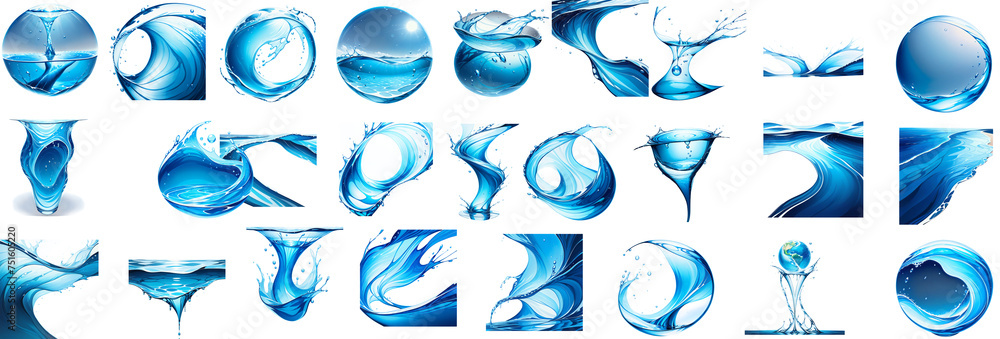 Abstract collage of various types of waves and water droplets with a ...