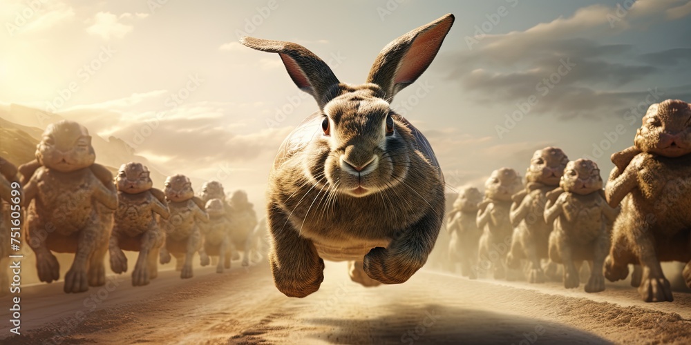 Turtle running in a race leading a large group of rabbits, in strategy ...