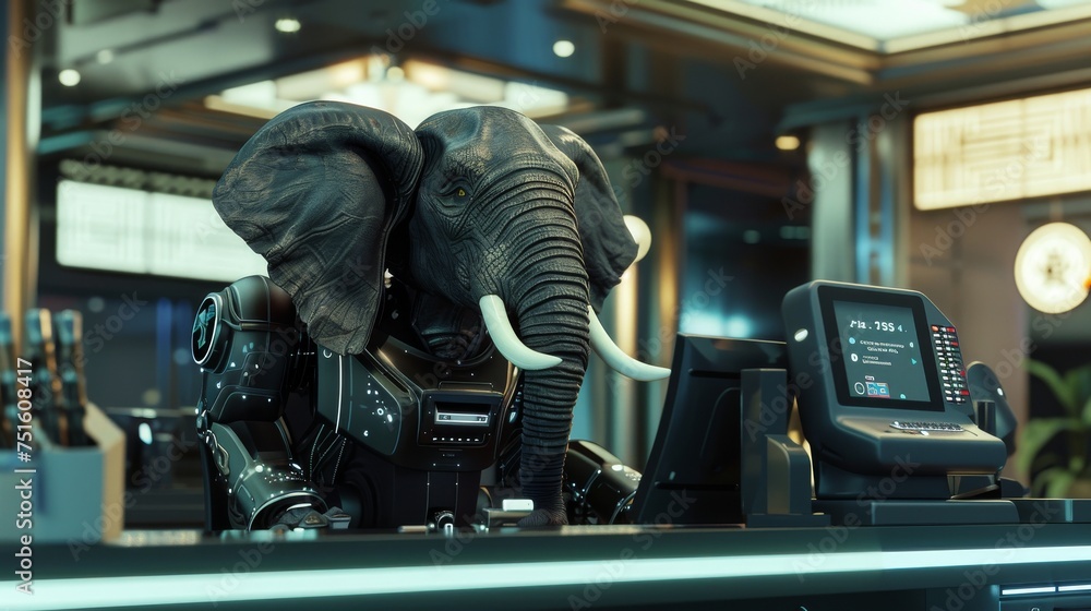 A futuristic bank scene with an elephant robotA futuristic bank scene ...