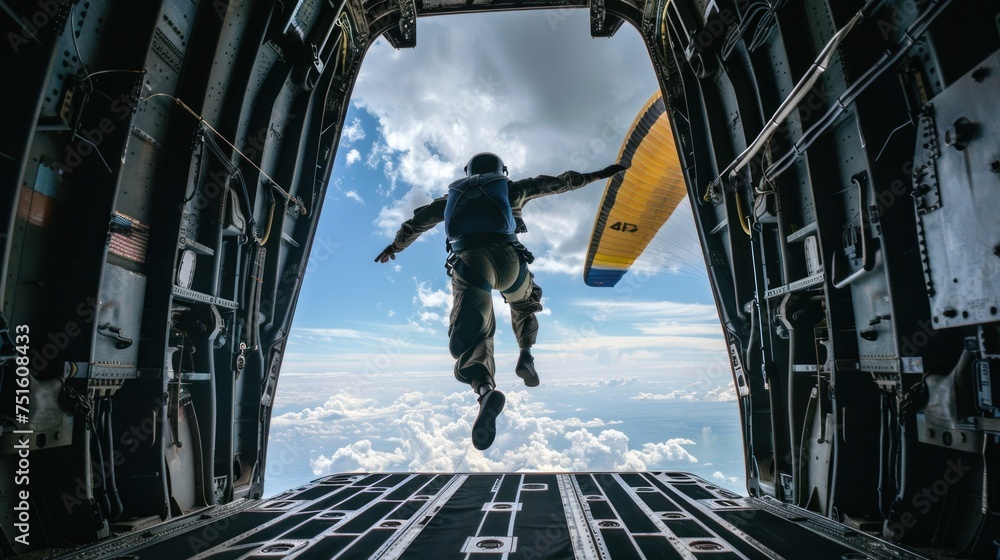 Airborne soldiers with parachutes on their backs jump out of the plane ...