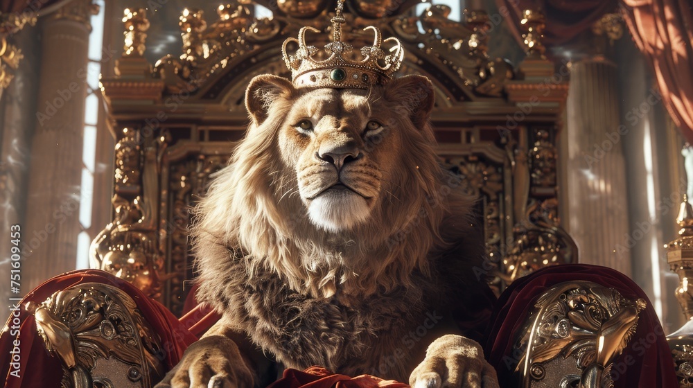An opulent depiction of a lion king in a throne room wearing a crown ...