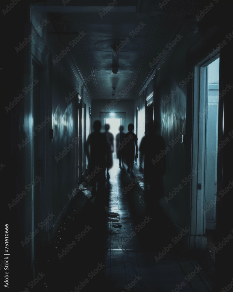 Shadow people move through a dark hallway their silhouettes illuminated ...