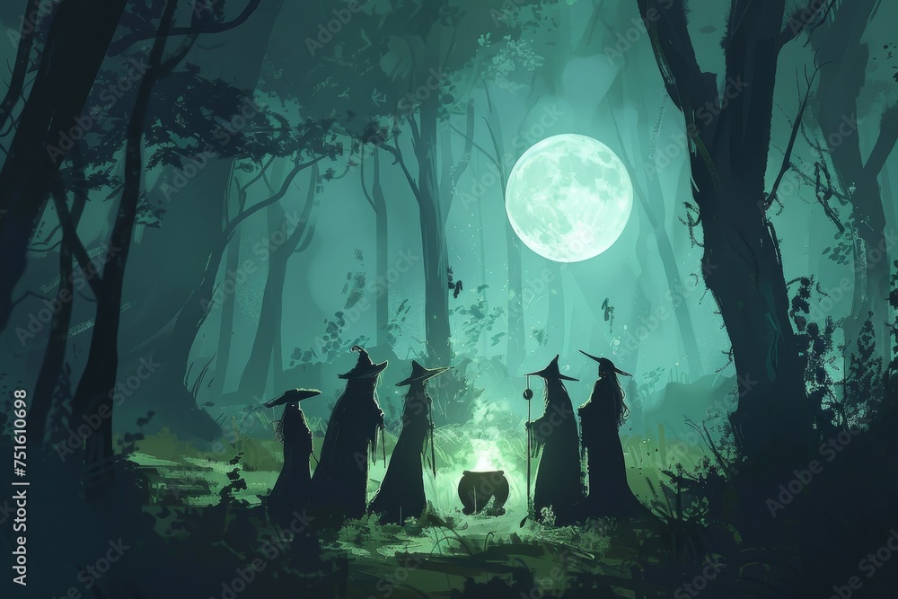 Shadowy figures encircle a cauldron a witch coven performing a forest ...